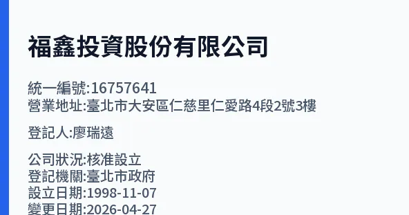 福鑫投資股份有限公司的照片-統編 16757641(臺北市) 公司登記資料與營業項目詳細圖表