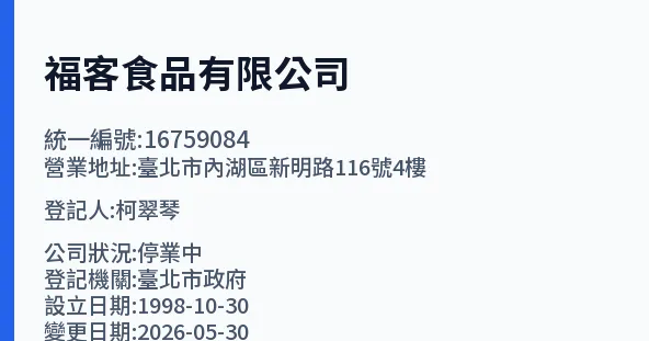 福客食品有限公司的照片-統編 16759084(臺北市) 公司登記資料與營業項目詳細圖表