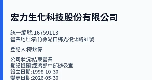 宏力生化科技股份有限公司的照片-統編 16759113(新竹縣) 公司登記資料與營業項目詳細圖表