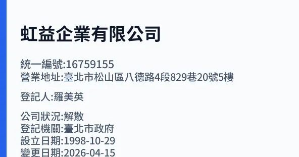虹益企業有限公司的照片-統編 16759155(臺北市) 公司登記資料與營業項目詳細圖表