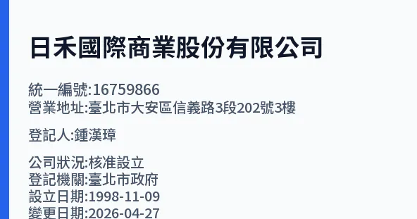 日禾國際商業股份有限公司的照片-統編 16759866(臺北市) 公司登記資料與營業項目詳細圖表