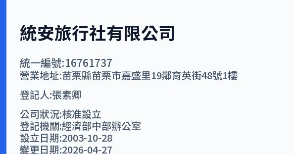 統安旅行社有限公司的照片-統編 16761737(苗栗縣) 公司登記資料與營業項目詳細圖表