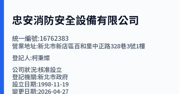 忠安消防安全設備有限公司的照片-統編 16762383(新北市) 公司登記資料與營業項目詳細圖表