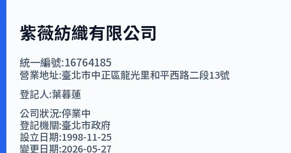 紫薇紡織有限公司的照片-統編 16764185(臺北市) 公司登記資料與營業項目詳細圖表