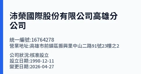 沛榮國際股份有限公司高雄分公司的照片-統編 16764278(高雄市) 公司登記資料與營業項目詳細圖表
