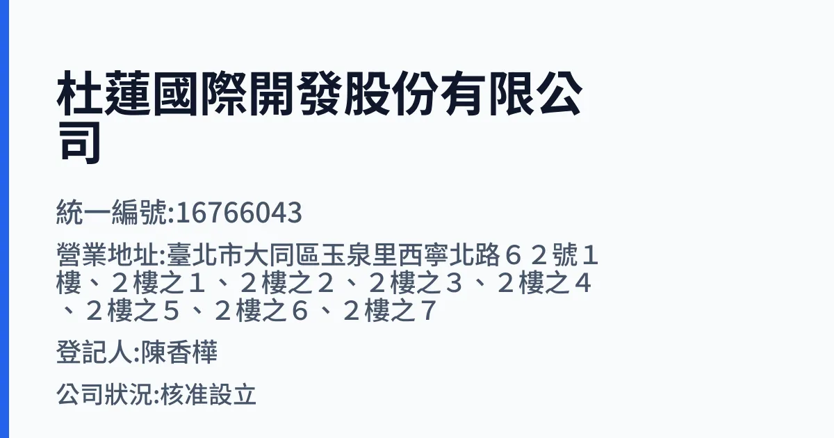 杜蓮國際開發股份有限公司 - 統編 16766043(臺北市) 公司登記資料與營業項目詳細圖表