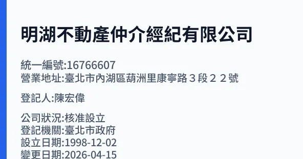 明湖不動產仲介經紀有限公司的照片-統編 16766607(臺北市) 公司登記資料與營業項目詳細圖表