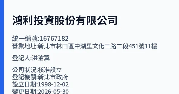 鴻利投資股份有限公司的照片-統編 16767182(新北市) 公司登記資料與營業項目詳細圖表