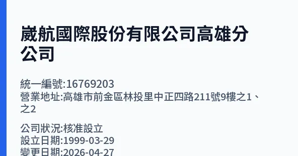 崴航國際股份有限公司高雄分公司的照片-統編 16769203(高雄市) 公司登記資料與營業項目詳細圖表