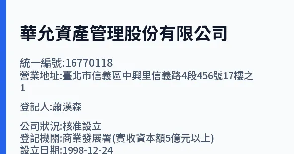 華允資產管理股份有限公司的照片-統編 16770118(臺北市) 公司登記資料與營業項目詳細圖表