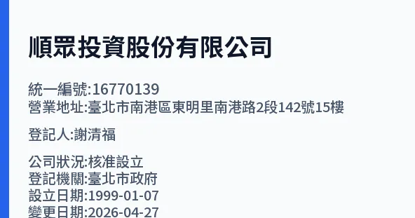 順眾投資股份有限公司的照片-統編 16770139(臺北市) 公司登記資料與營業項目詳細圖表