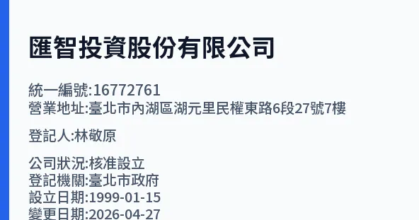 匯智投資股份有限公司的照片-統編 16772761(臺北市) 公司登記資料與營業項目詳細圖表