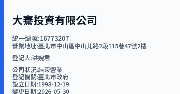 大騫投資有限公司的照片-統編 16773207(臺北市) 公司登記資料與營業項目詳細圖表