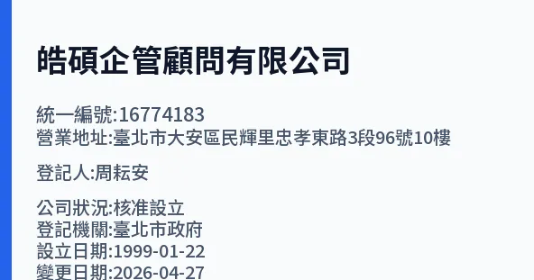 皓碩企管顧問有限公司的照片-統編 16774183(臺北市) 公司登記資料與營業項目詳細圖表