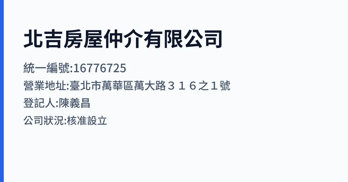北吉房屋仲介有限公司 - 統編 16776725(臺北市) 公司登記資料與營業項目詳細圖表
