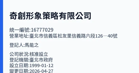 奇創形象策略有限公司的照片-統編 16777029(臺北市) 公司登記資料與營業項目詳細圖表
