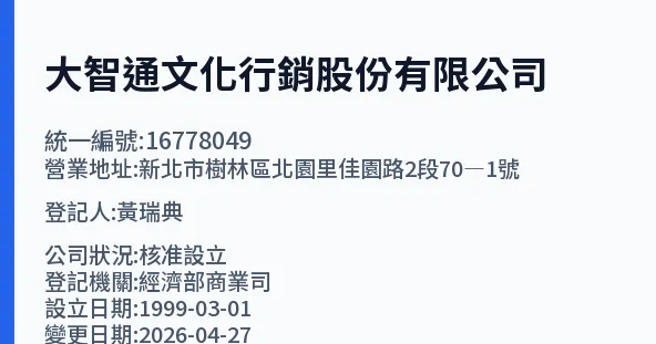 大智通文化行銷股份有限公司的照片-統編 16778049(新北市) 公司登記資料與營業項目詳細圖表