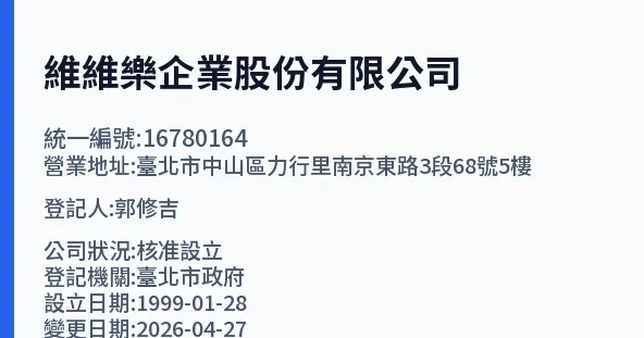 維維樂企業股份有限公司的照片-統編 16780164(臺北市) 公司登記資料與營業項目詳細圖表