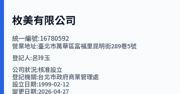 枚美有限公司的照片-統編 16780592(臺北市) 公司登記資料與營業項目詳細圖表