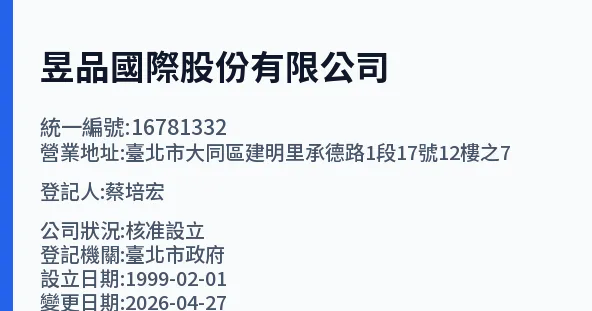 昱品國際股份有限公司的照片-統編 16781332(臺北市) 公司登記資料與營業項目詳細圖表