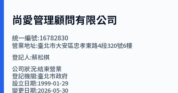 尚愛管理顧問有限公司的照片-統編 16782830(臺北市) 公司登記資料與營業項目詳細圖表