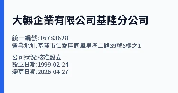 大輾企業有限公司基隆分公司的照片-統編 16783628(基隆市) 公司登記資料與營業項目詳細圖表