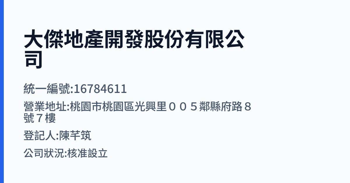大傑地產開發股份有限公司 - 統編 16784611(桃園市) 公司登記資料與營業項目詳細圖表