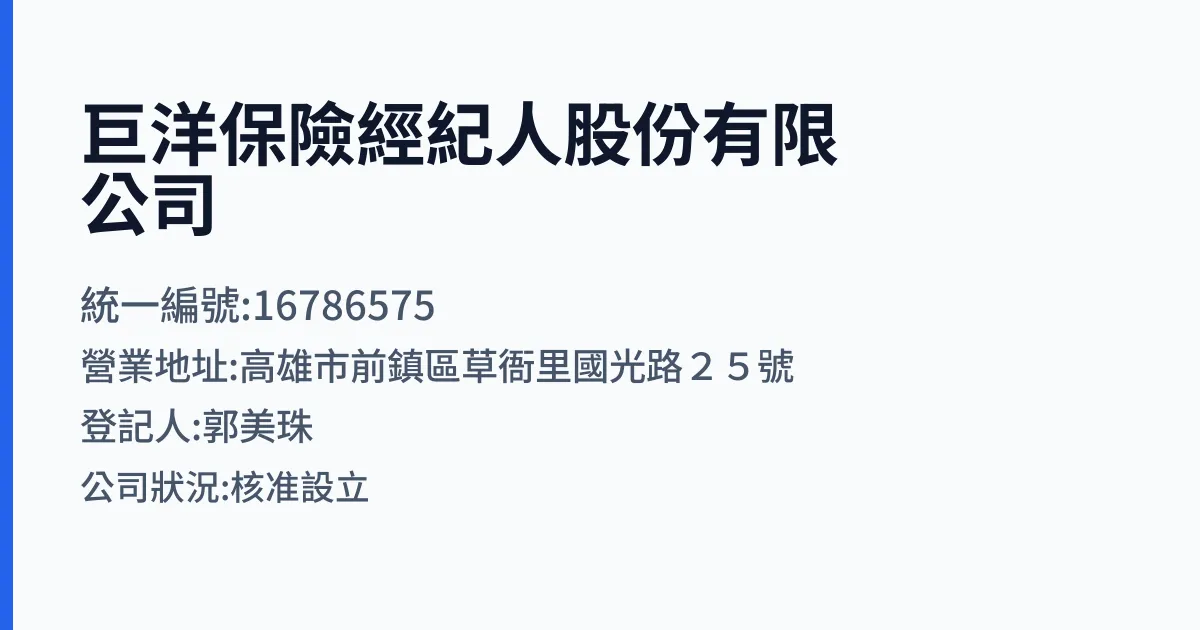 巨洋保險經紀人股份有限公司 - 統編 16786575(高雄市) 公司登記資料與營業項目詳細圖表