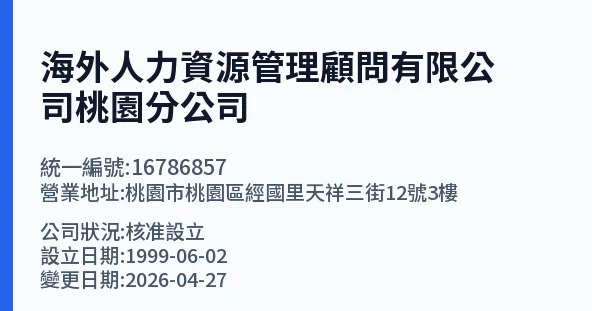 海外人力資源管理顧問有限公司桃園分公司的照片-統編 16786857(桃園市) 公司登記資料與營業項目詳細圖表