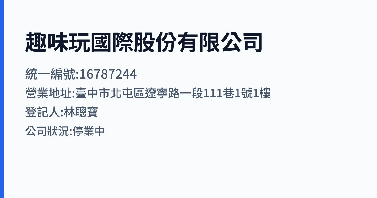 趣味玩國際股份有限公司 - 統編 16787244(臺中市) 公司登記資料與營業項目詳細圖表