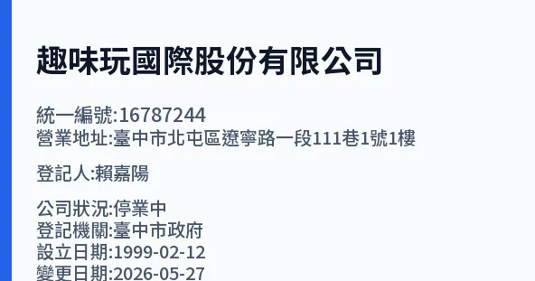 趣味玩國際股份有限公司的照片-統編 16787244(臺中市) 公司登記資料與營業項目詳細圖表