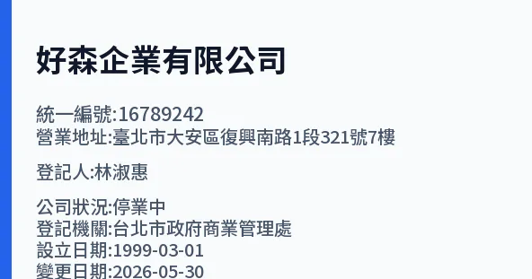 好森企業有限公司的照片-統編 16789242(臺北市) 公司登記資料與營業項目詳細圖表