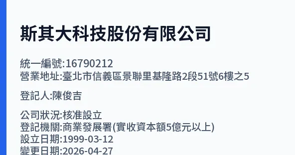 斯其大科技股份有限公司的照片-統編 16790212(臺北市) 公司登記資料與營業項目詳細圖表