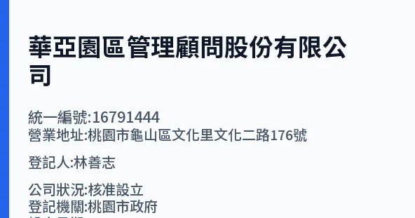 華亞園區管理顧問股份有限公司的照片-統編 16791444(桃園市) 公司登記資料與營業項目詳細圖表