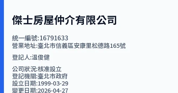傑士房屋仲介有限公司的照片-統編 16791633(臺北市) 公司登記資料與營業項目詳細圖表