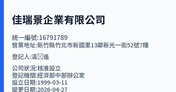 佳瑞景企業有限公司的照片-統編 16791789(新竹縣) 公司登記資料與營業項目詳細圖表
