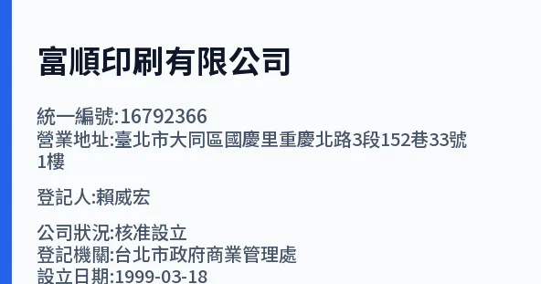 富順印刷有限公司的照片-統編 16792366(臺北市) 公司登記資料與營業項目詳細圖表