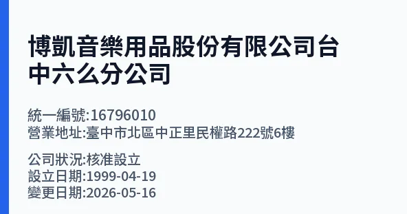 博凱音樂用品股份有限公司台中六么分公司的照片-統編 16796010(臺中市) 公司登記資料與營業項目詳細圖表