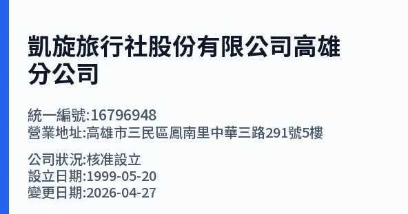 凱旋旅行社股份有限公司高雄分公司的照片-統編 16796948(高雄市) 公司登記資料與營業項目詳細圖表