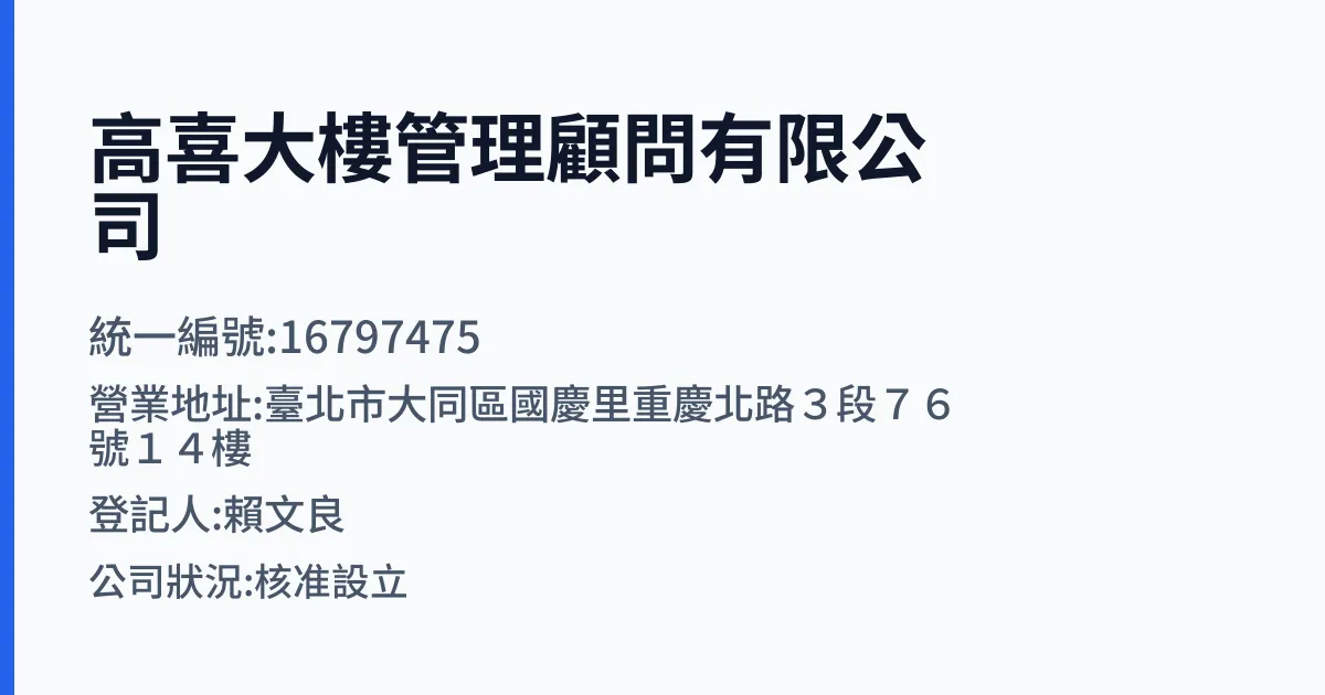 高喜大樓管理顧問有限公司 - 統編 16797475(臺北市) 公司登記資料與營業項目詳細圖表