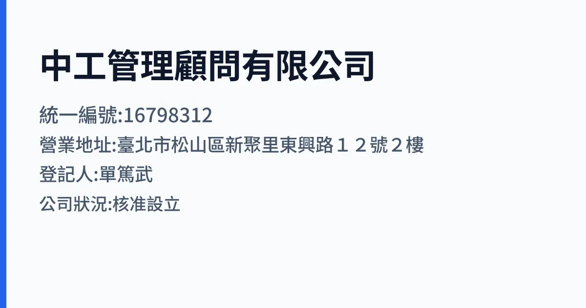 中工管理顧問有限公司 - 統編 16798312(臺北市) 公司登記資料與營業項目詳細圖表