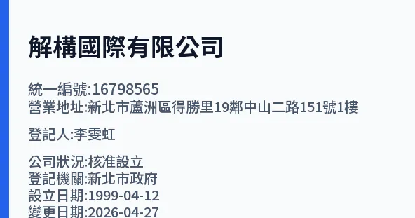 解構國際有限公司的照片-統編 16798565(新北市) 公司登記資料與營業項目詳細圖表