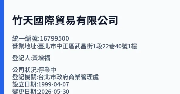 竹天國際貿易有限公司的照片-統編 16799500(臺北市) 公司登記資料與營業項目詳細圖表
