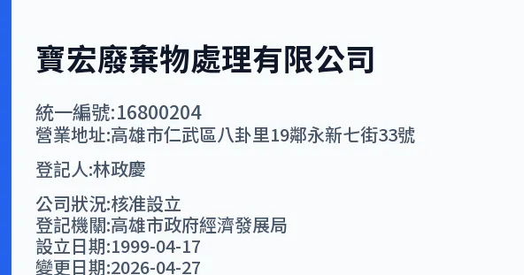寶宏廢棄物處理有限公司的照片-統編 16800204(高雄市) 公司登記資料與營業項目詳細圖表
