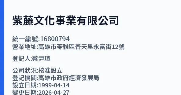 紫藤文化事業有限公司的照片-統編 16800794(高雄市) 公司登記資料與營業項目詳細圖表