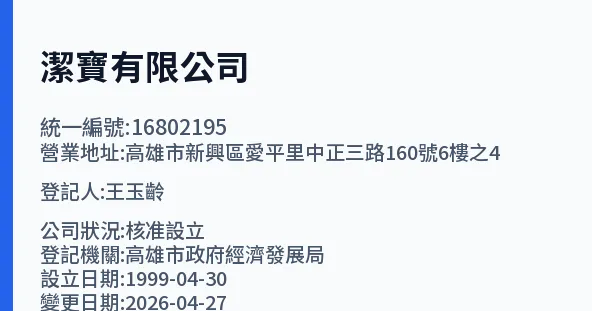 潔寶有限公司的照片-統編 16802195(高雄市) 公司登記資料與營業項目詳細圖表