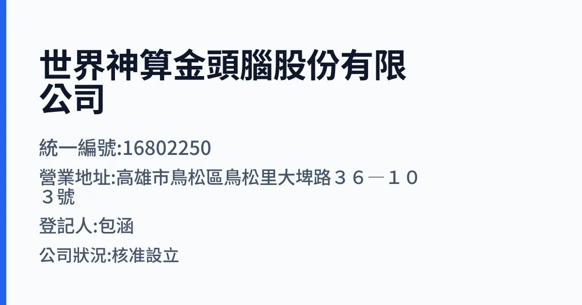 世界神算金頭腦股份有限公司 - 統編 16802250(高雄市) 公司登記資料與營業項目詳細圖表