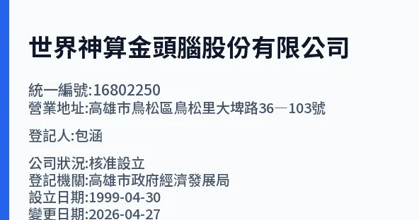 世界神算金頭腦股份有限公司的照片-統編 16802250(高雄市) 公司登記資料與營業項目詳細圖表