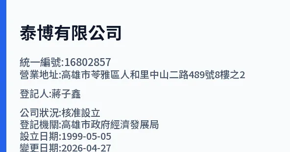 泰博有限公司的照片-統編 16802857(高雄市) 公司登記資料與營業項目詳細圖表