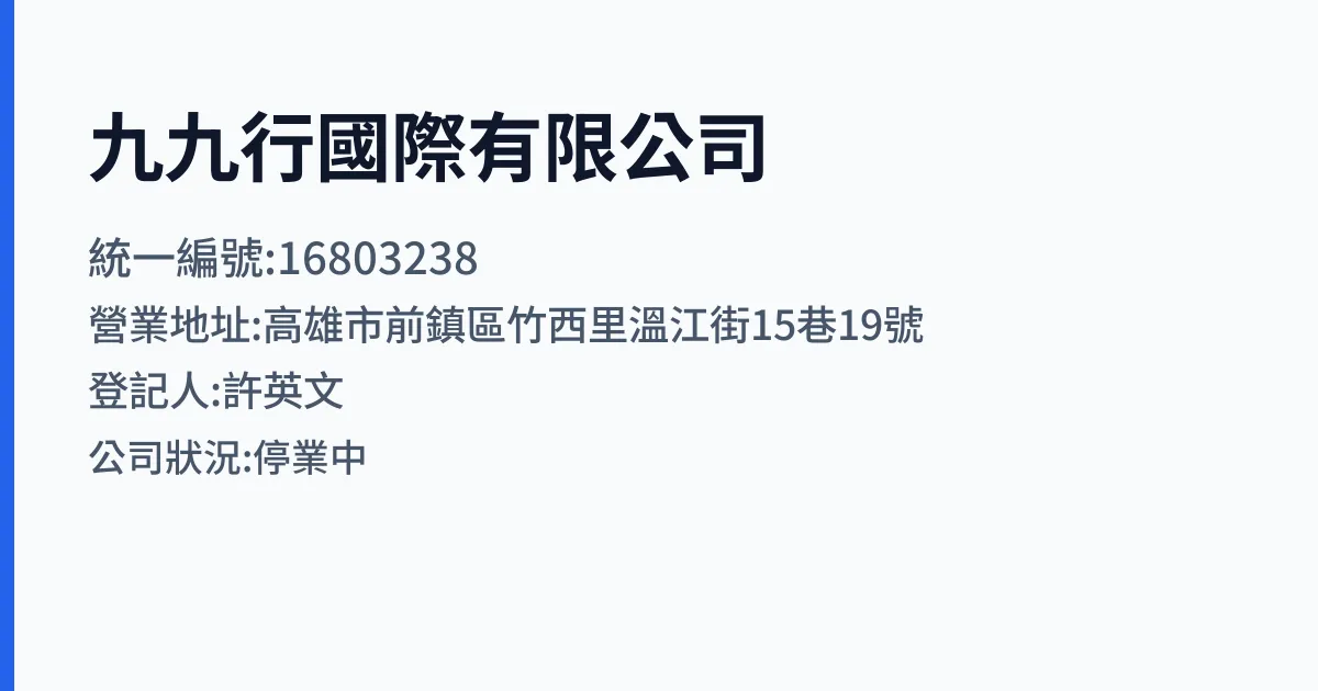 九九行國際有限公司 - 統編 16803238(高雄市) 公司登記資料與營業項目詳細圖表